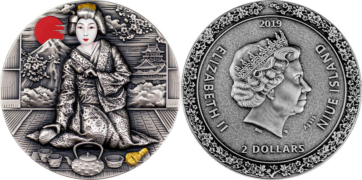 2 Dollars GEISHA Japanese Culture 2 Oz Silver Coin 2$ Niue 2019 Antique ...