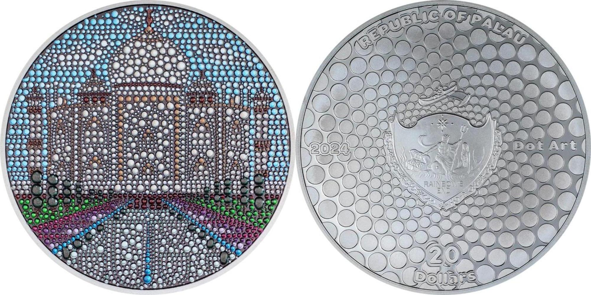 20 Dollars TAJ MAHAL Dot Art 3 Oz Silver Coin 20$ Palau 2024 Black PP ...