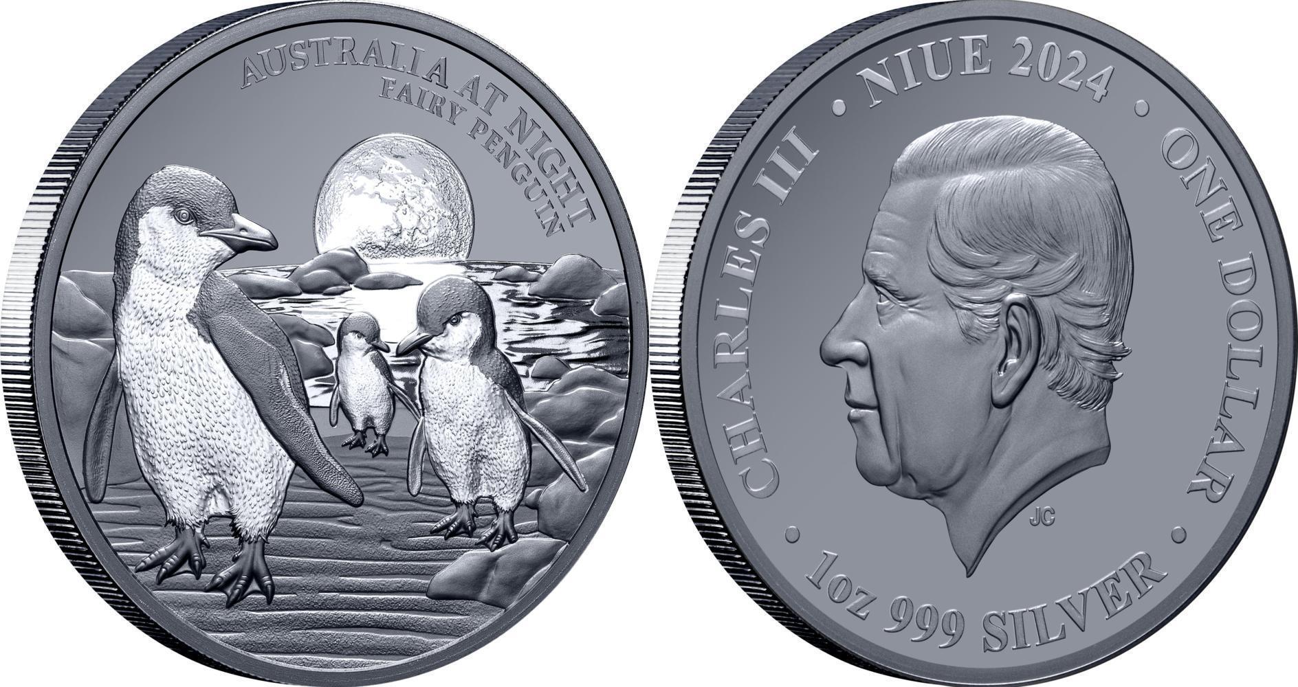 1 Dollar FAIRY PENGUIN Australia at Night 1 Oz Silver Coin 1$ Niue 2024 ...