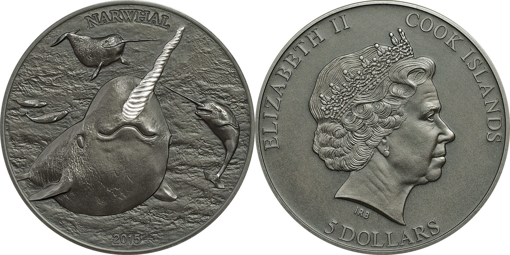 5 Dollars NARWHAL Northen Fish Unicorn Sea High Relief Silver Coin 5$ Cook Islands 2015 Antique ...
