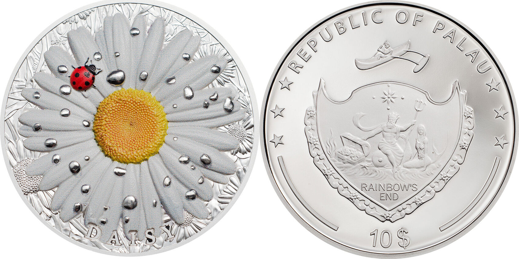 10 Dollars DAISY Ladybug High Relief Flowers Leaves 2 Oz Silver Coin 10 ...