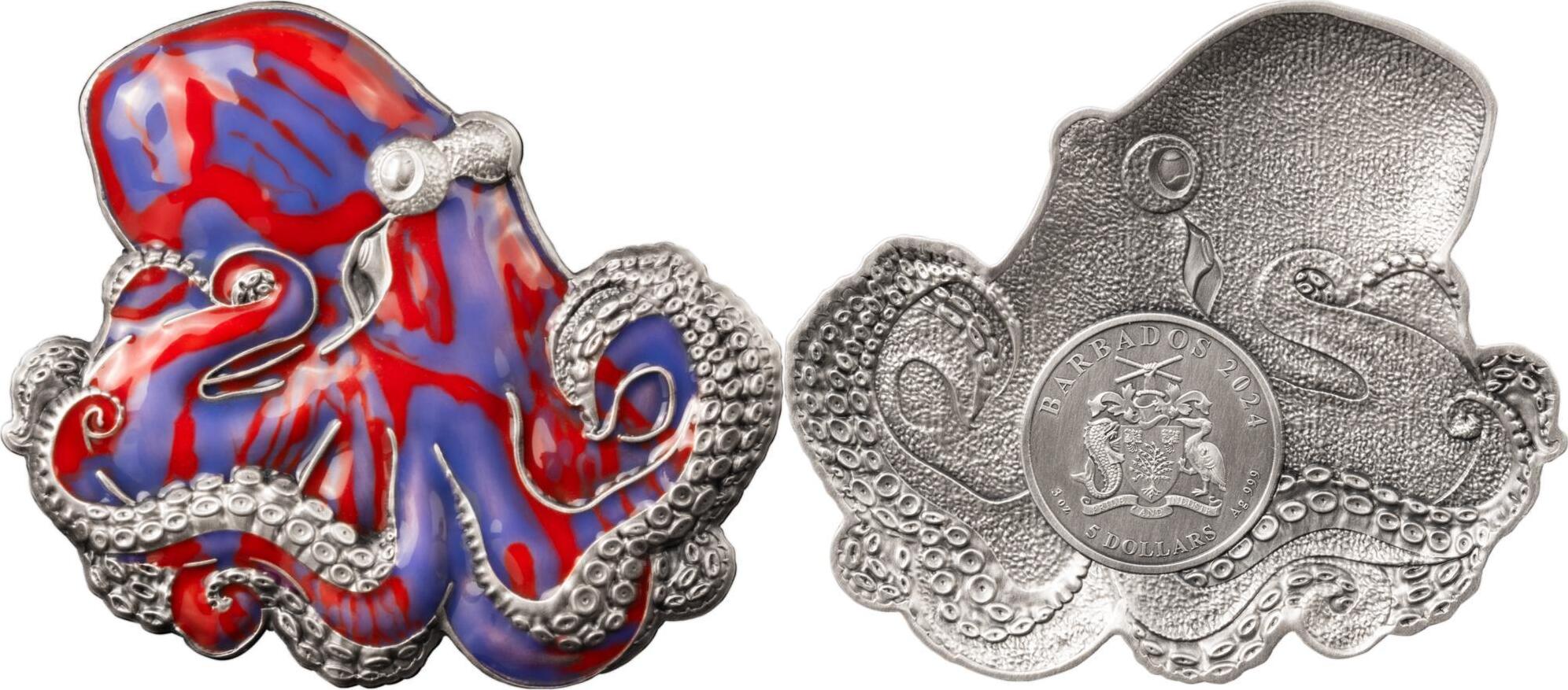 5 Dollars OCTOPUS 3 Oz Silver Coin 5$ Barbados 2024 Antique Finish | MA ...