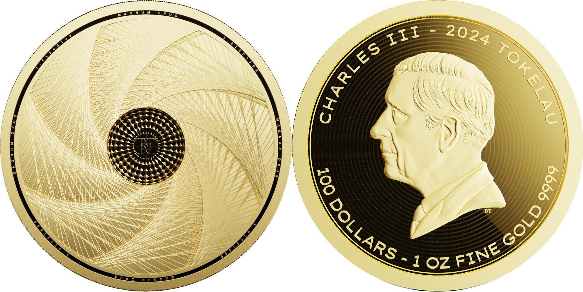 100 Dollars MAGNUM OPUS Golden Ratio 1 Oz Gold Coin 100$ Tokelau 2024 ...