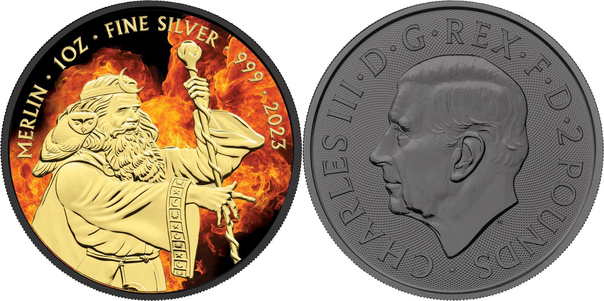 MERLIN Burning 1 Oz Silver Coin 2 Pounds United Kingdom 2023 BU ...