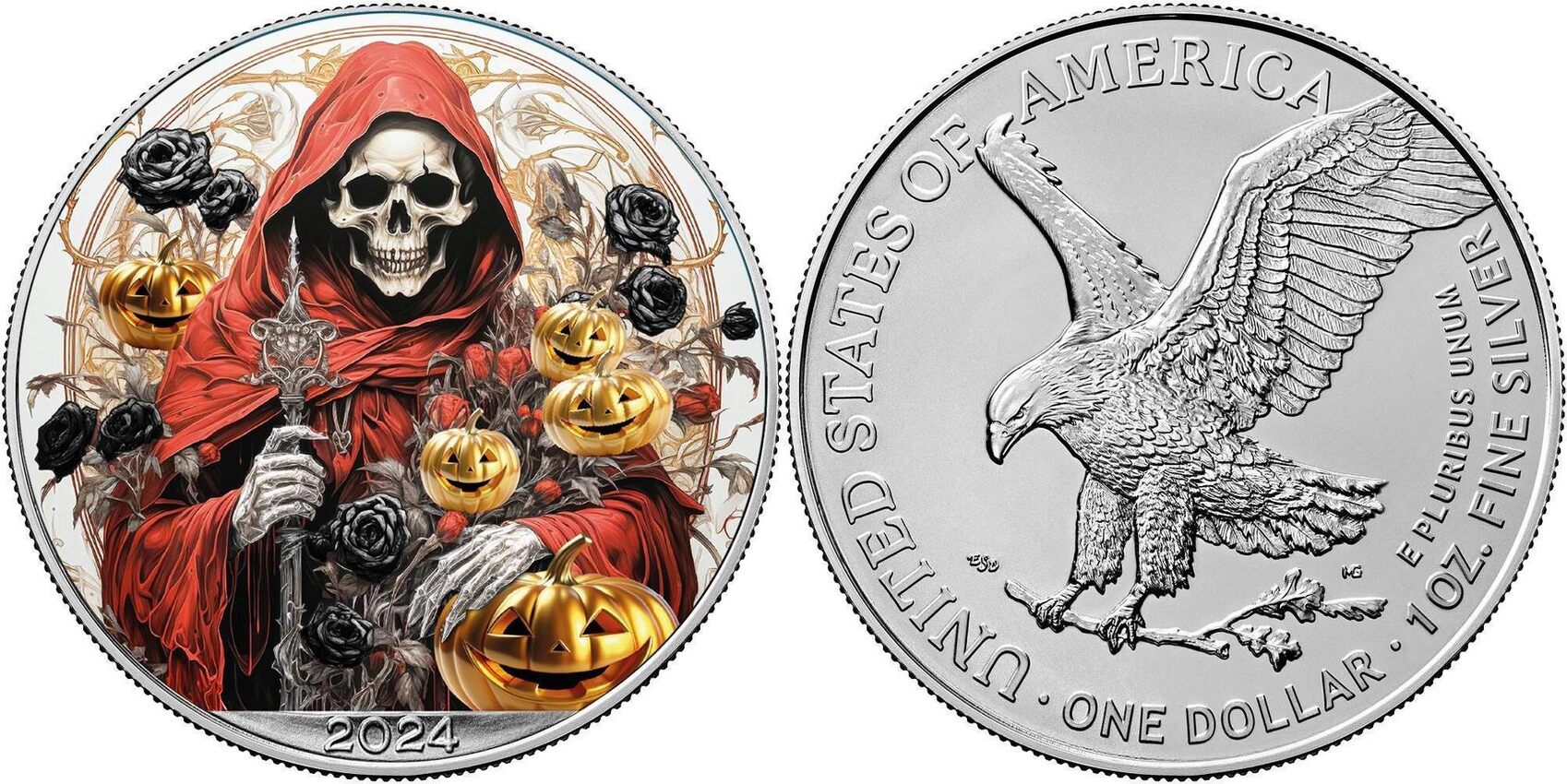 United States 1 Dollar SKELETON Halloween 1 Oz Silver Coin 1$ USA 2024 ...