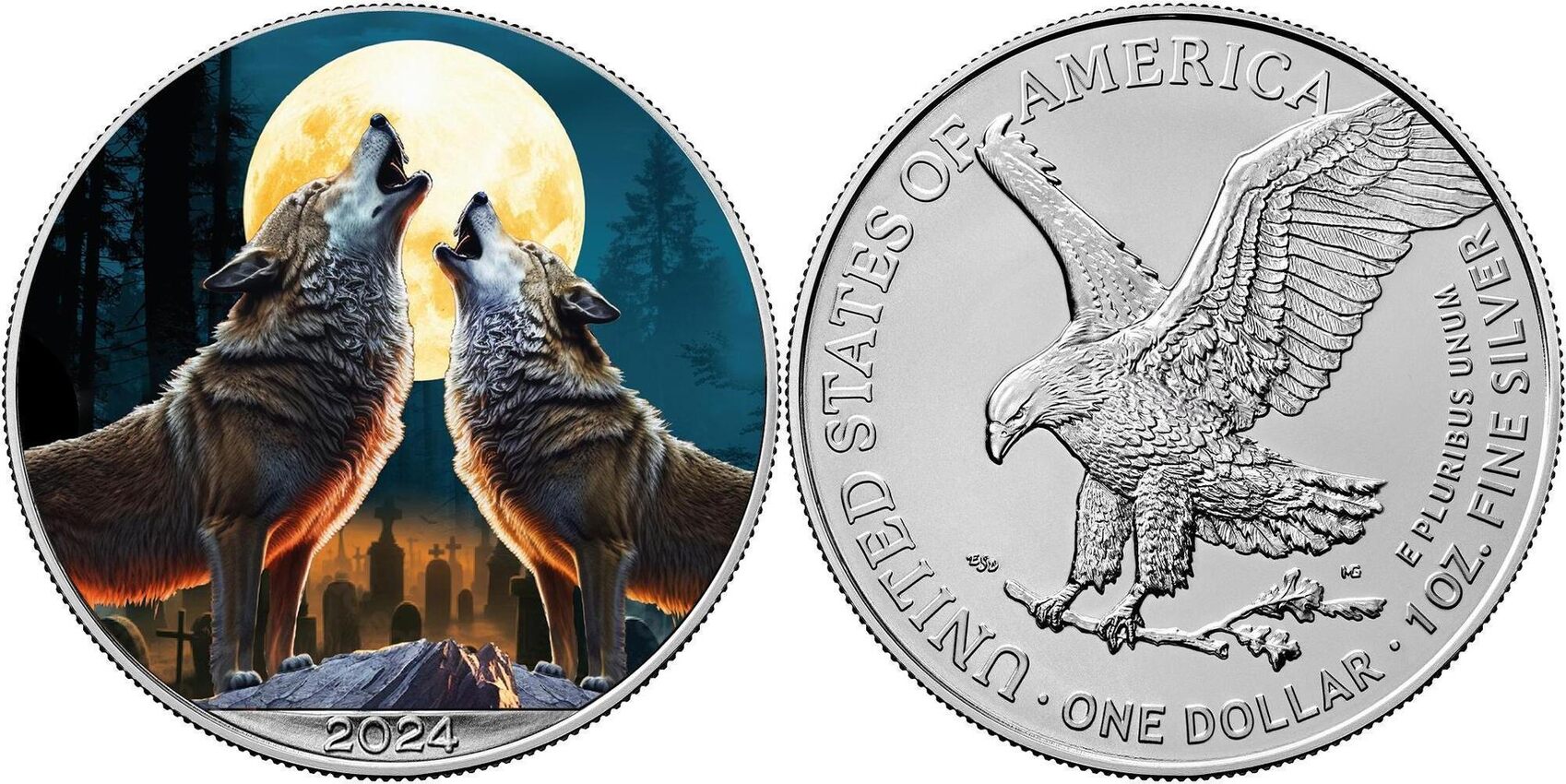 United States 1 Dollar HOWLING WOLVES Halloween 1 Oz Silver Coin 1$ USA ...