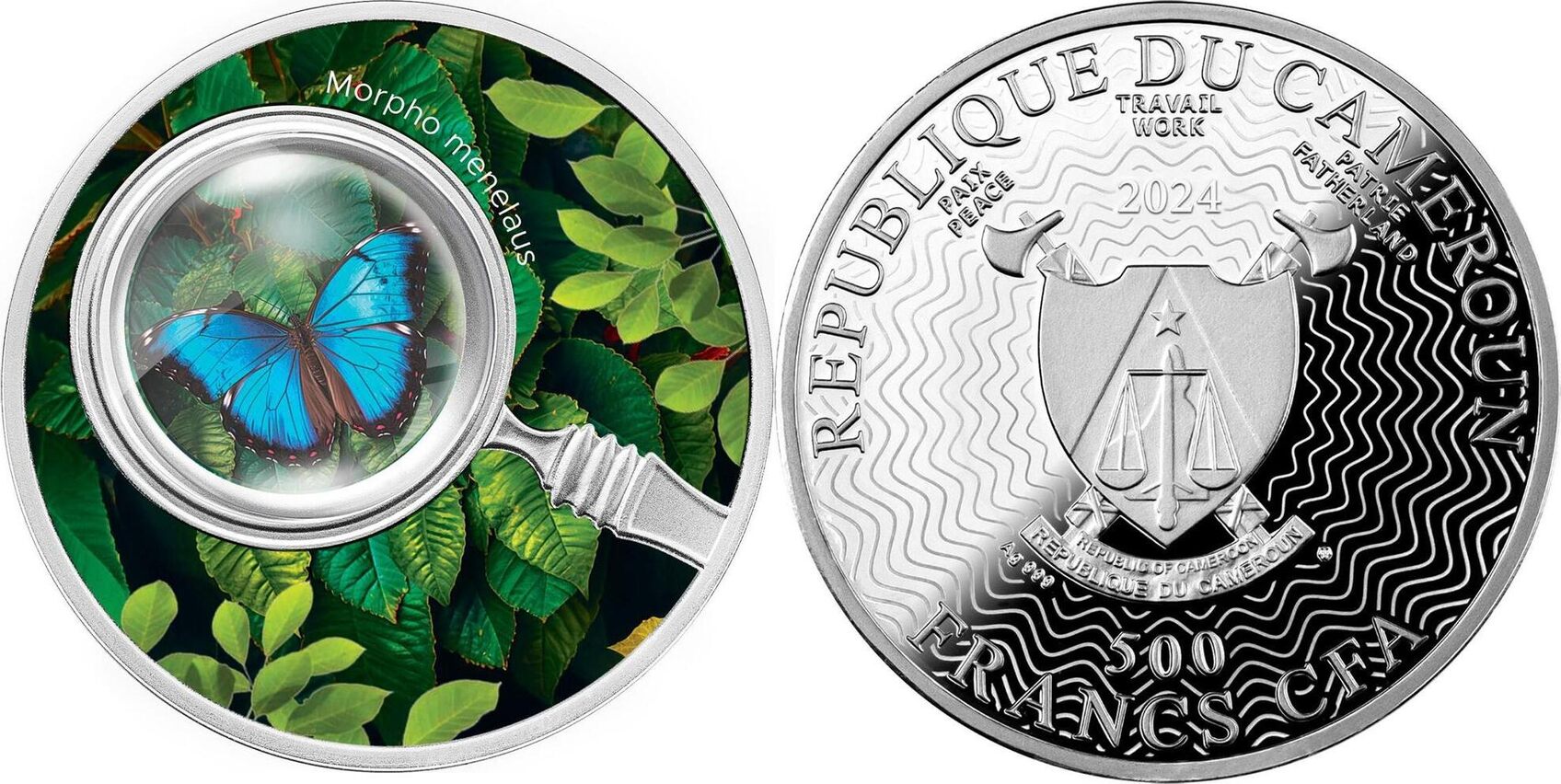 MORPHO MENELAUS Butterflies Silver Coin 500 Francs Cameroon 2024 PP ...
