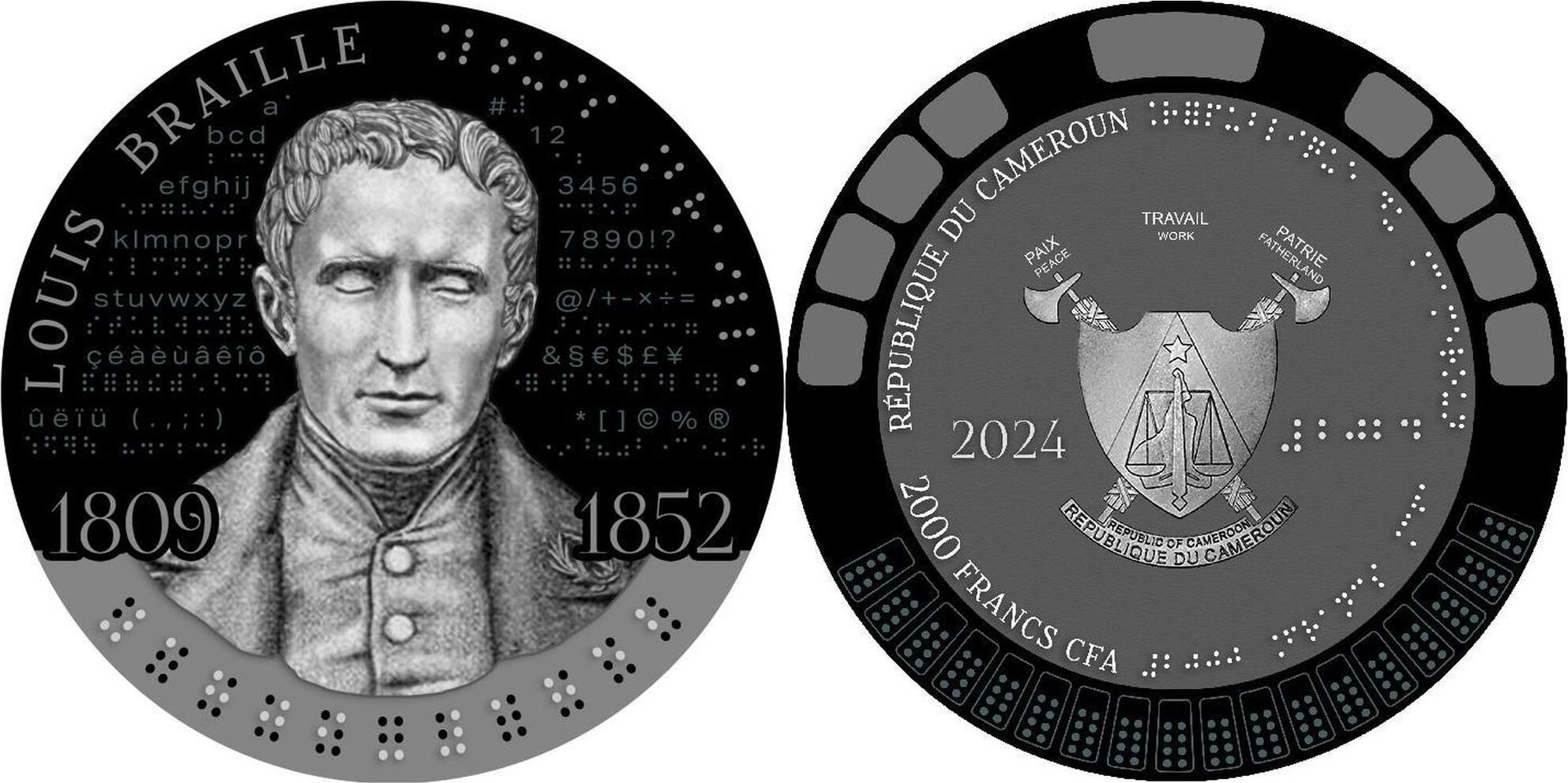 LOUIS BRAILLE 2 Oz Silver Coin 2000 Francs CFA Cameroon 2024 Antique ...