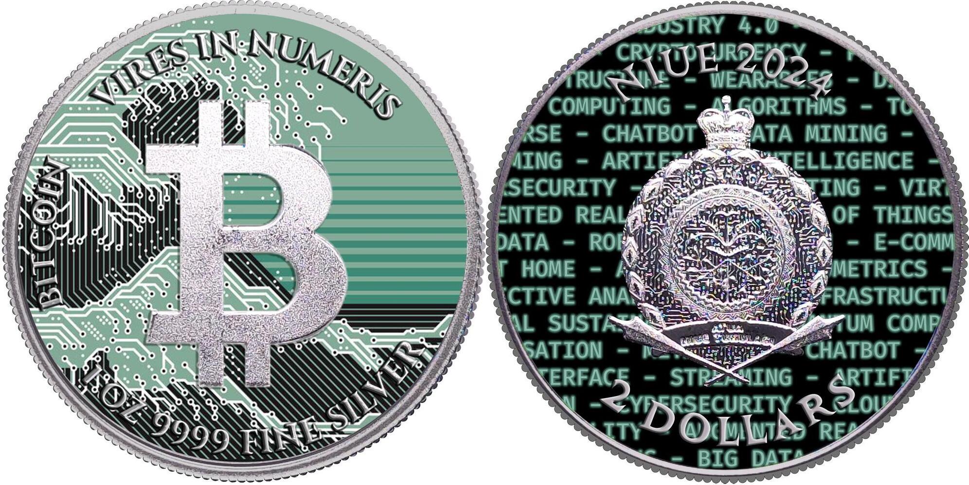 2 Dollars DIGITAL WAVE Bitcoin 1 Oz Silver Coin 2$ Niue 2024 BU ...
