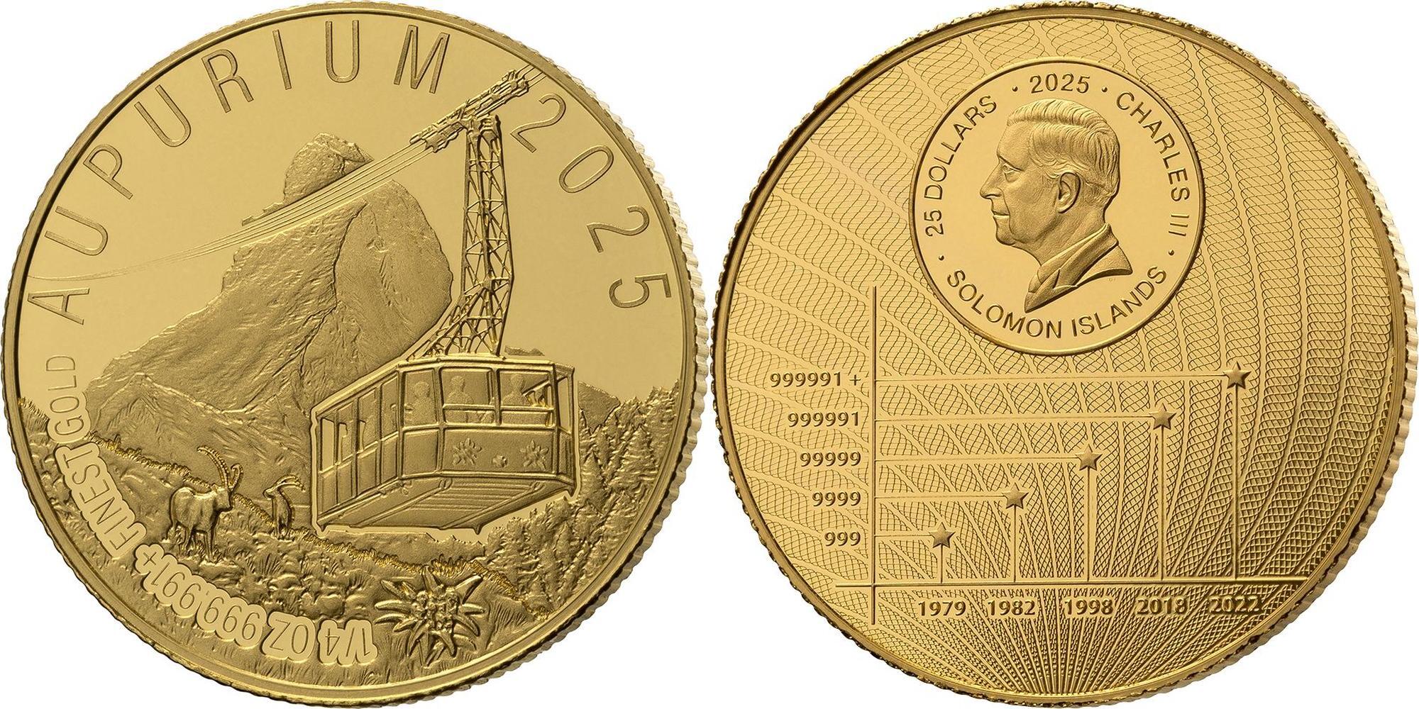 25 Dollars AUPURIUM 1/4 Oz Gold Coin 25$ Solomon Islands 2025 Prooflike ...