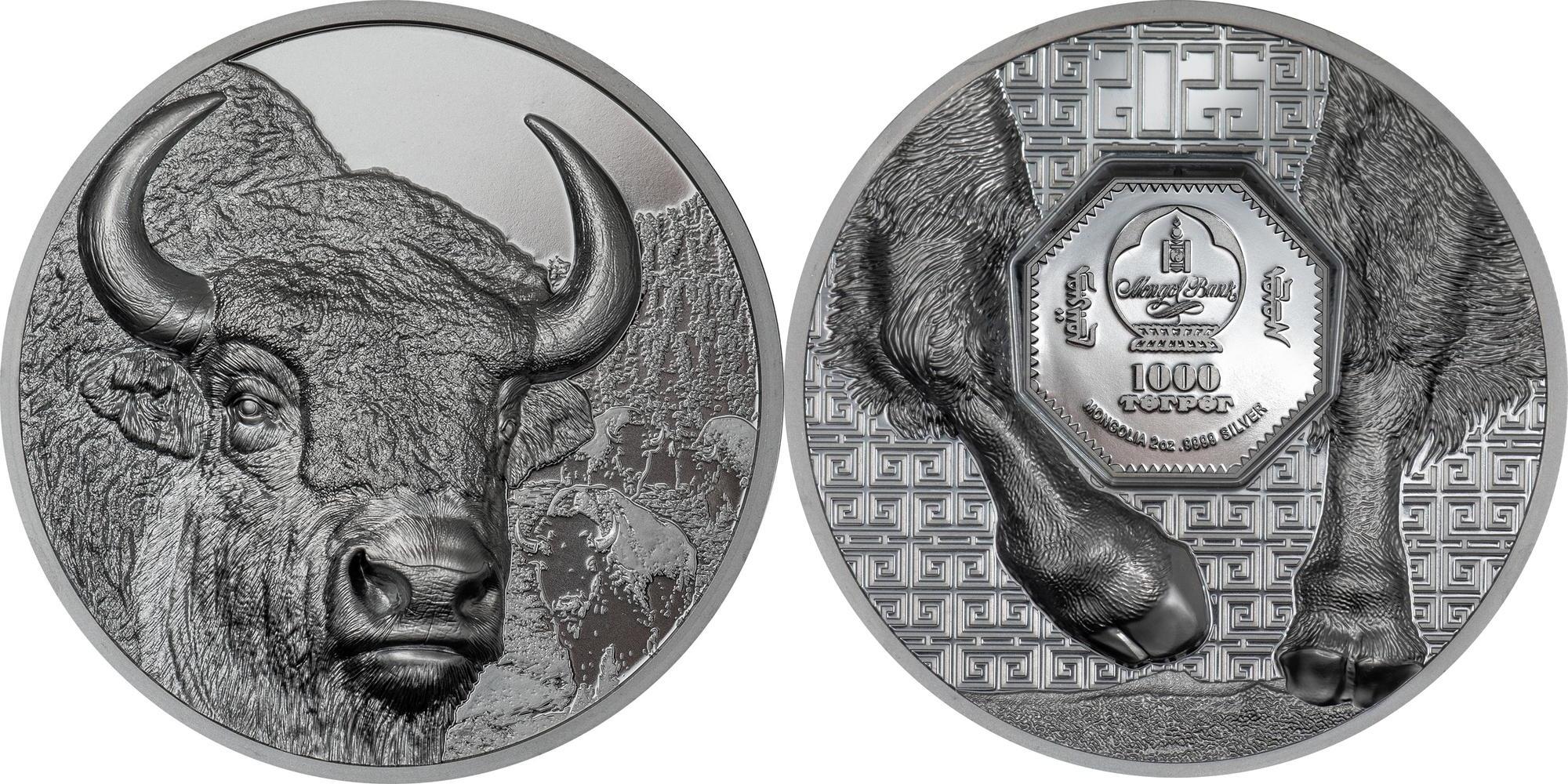 1000 Torog BISON Wild Mongolia 2 Oz Silver Coin 1000 Togrog Mongolia ...
