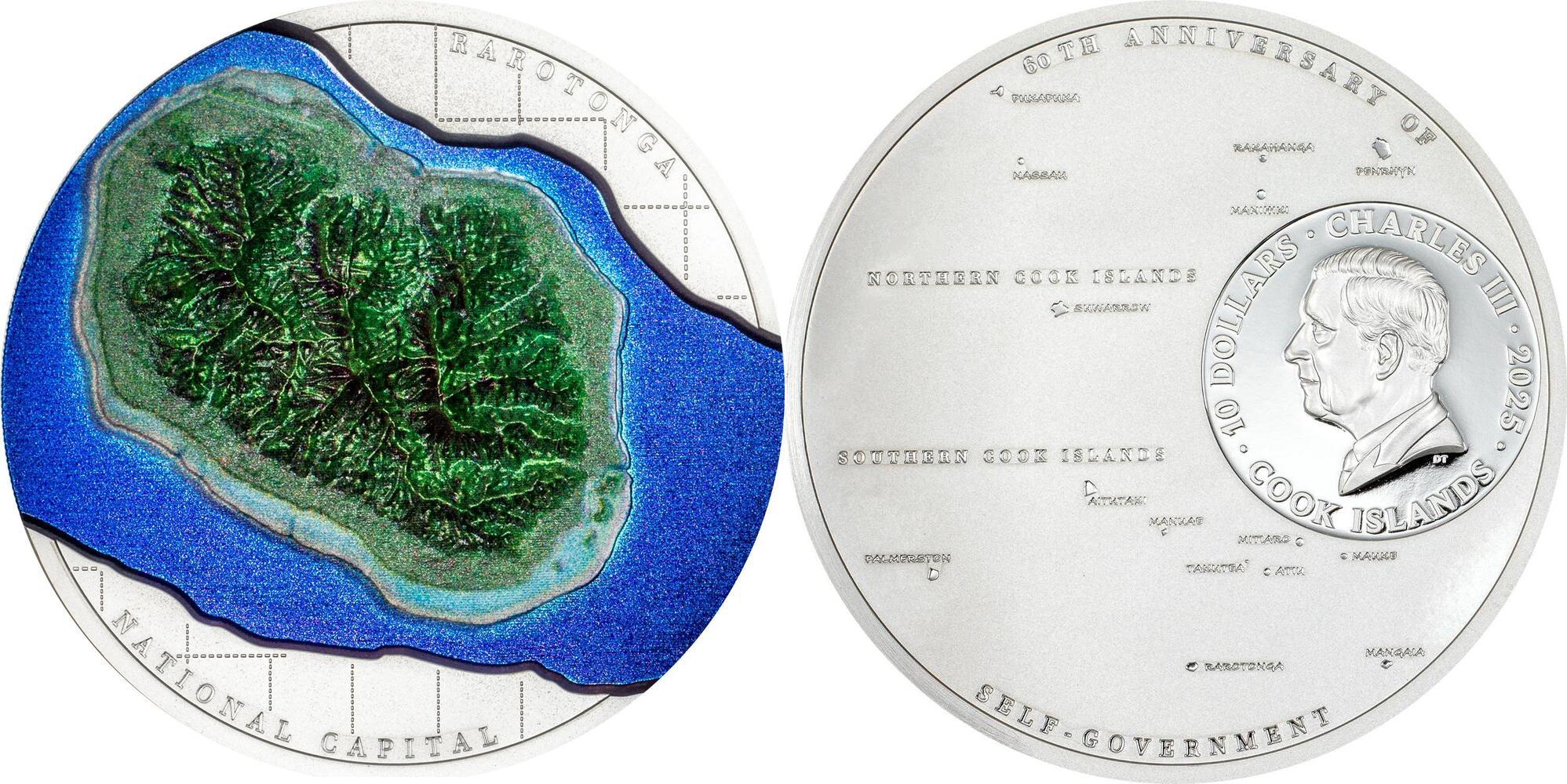 10 Dollars 60 YEARS OF SELF-GOVERNMENT Rarotonga 2 Oz Silver Coin 10 ...
