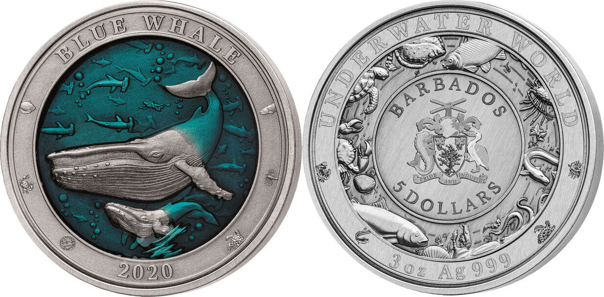 5 Dollars BLUE WHALE Underwater World 3 Oz Silver Coin 5$ Barbados 2020 ...