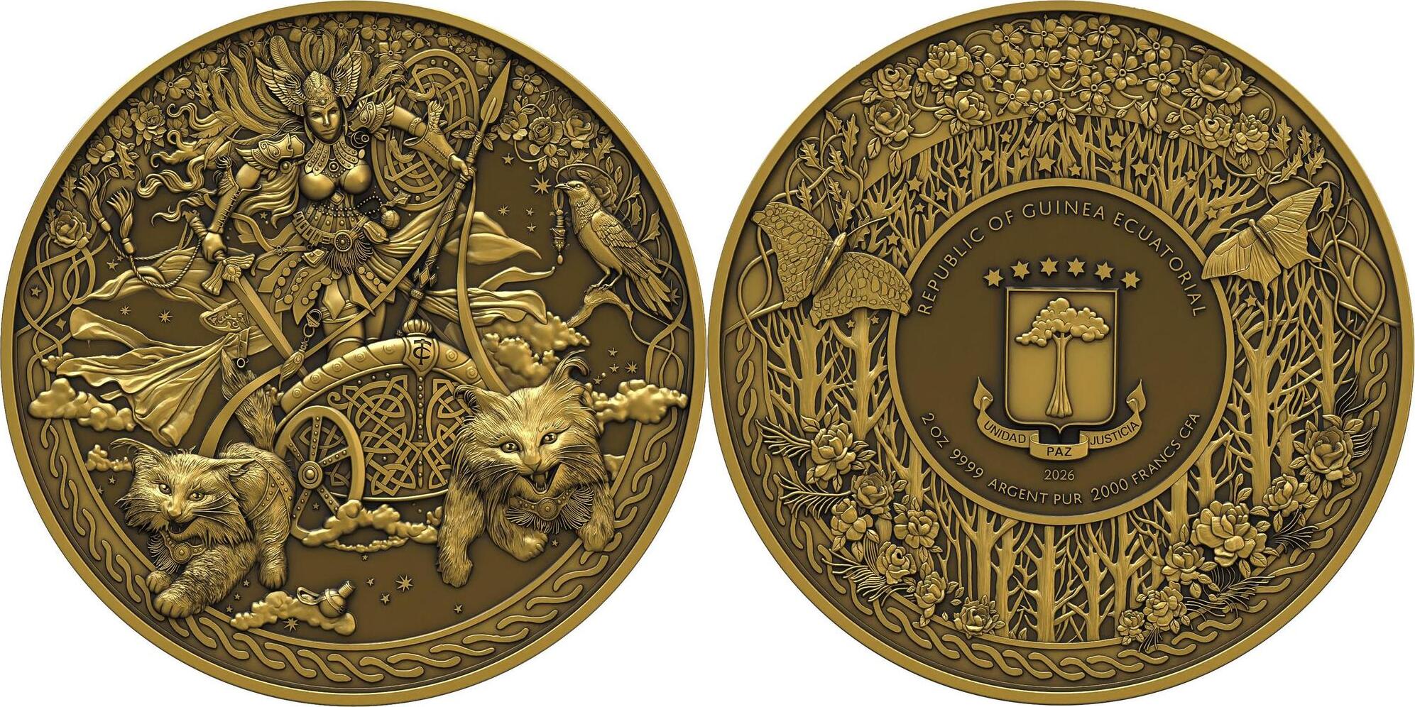 FREYJA Gilded 2 Oz Silver Coin 2000 Francs Equatorial Guinea 2026 ...