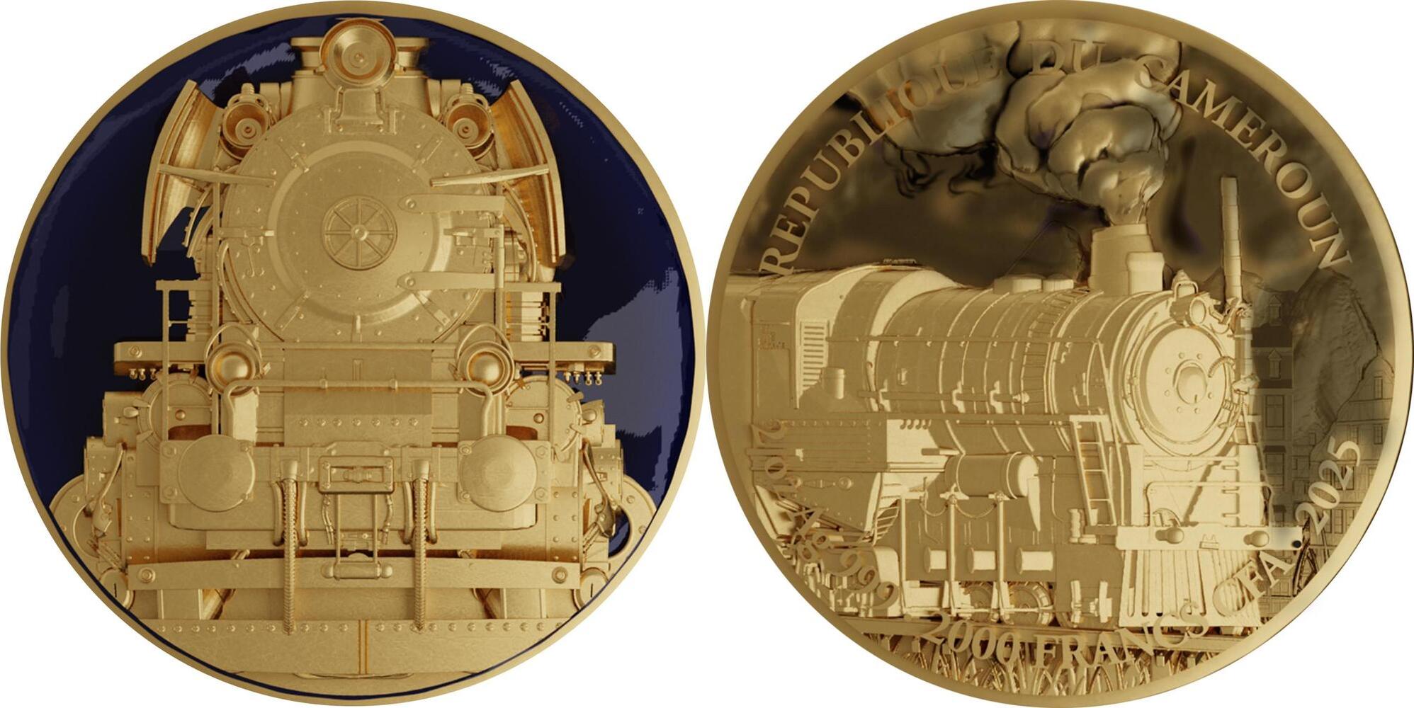 STEAM TRAIN Gilded 2 Oz Silver Coin 2000 Francs Cameroon 2025 Antique ...
