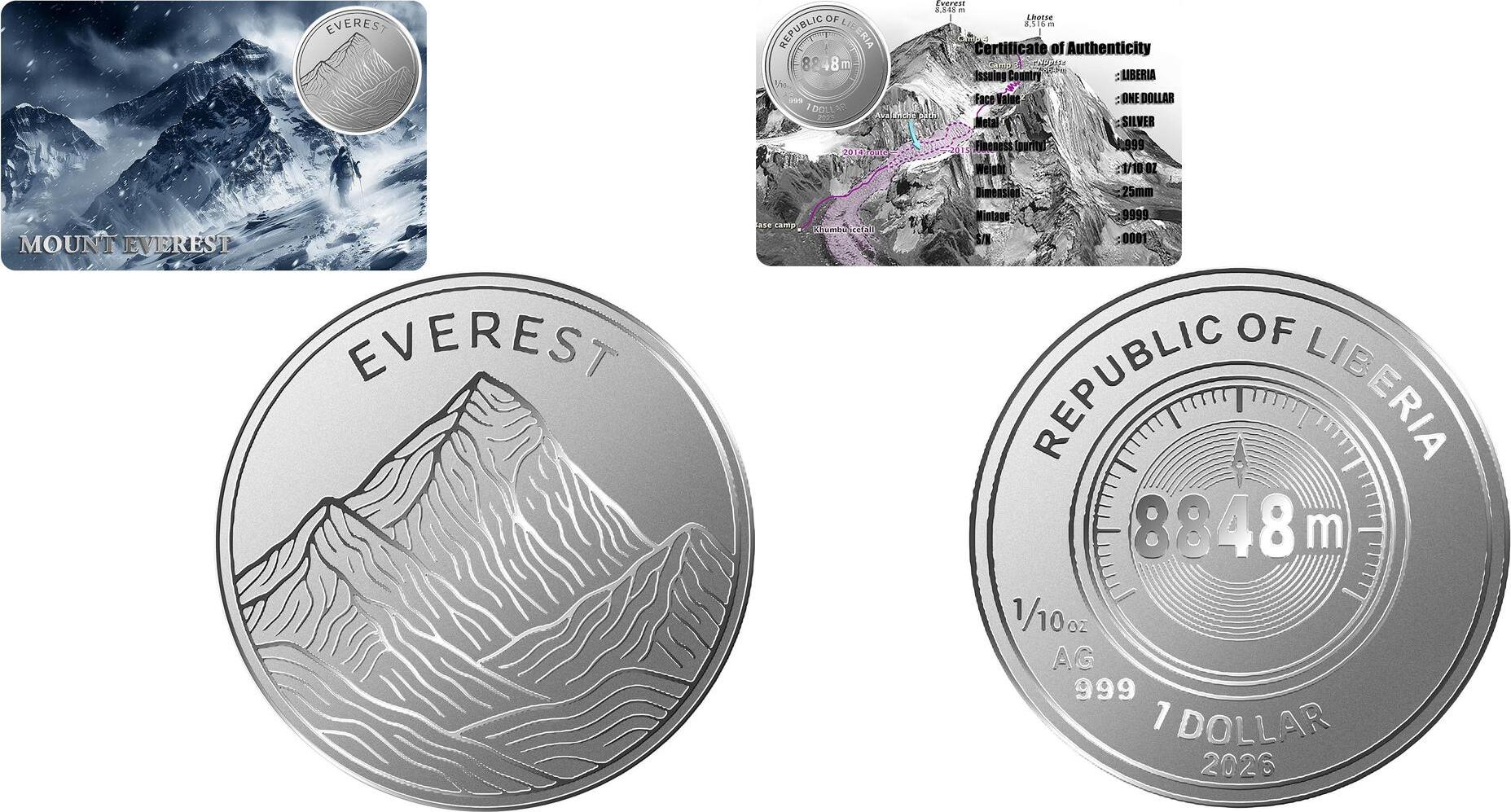 1 Dollar MOUNT EVEREST 1/10 Oz Silver Coin 1$ Liberia 2026 | MA-Shops