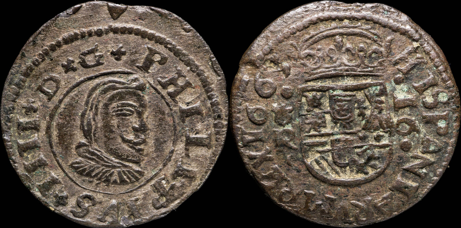 HOUSE HABSBURG 1663,16 Maravedis Philip IV, Coruña Mint (mint error PHILPPPVS)-25 mm / 4,63 gr ...