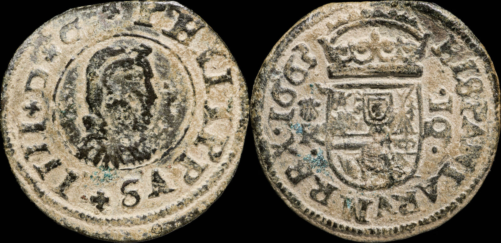 HOUSE HABSBURG 1663, 16 Maravedis Philip IV, Coruña Mint (Ensayador R) - 24 mm / 3,9 gr. ss | MA ...