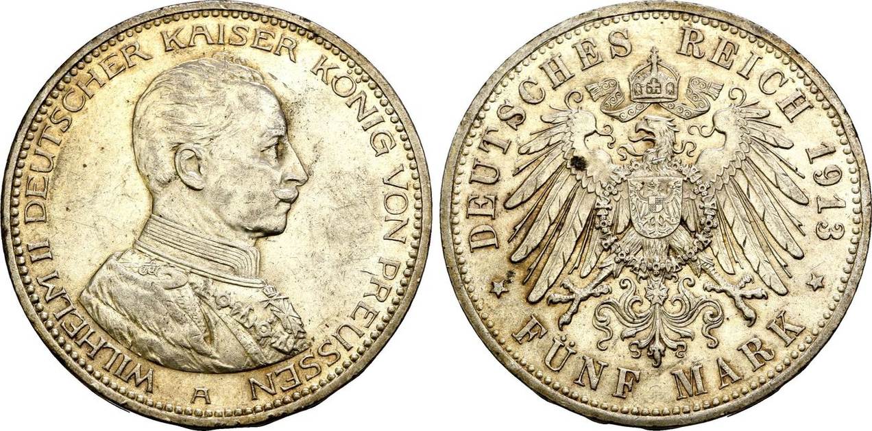 Preussen: 5 Mark " Kaiser in Uniform " 1913 A Wilhelm II, 1888-1918: vz | MA-Shops