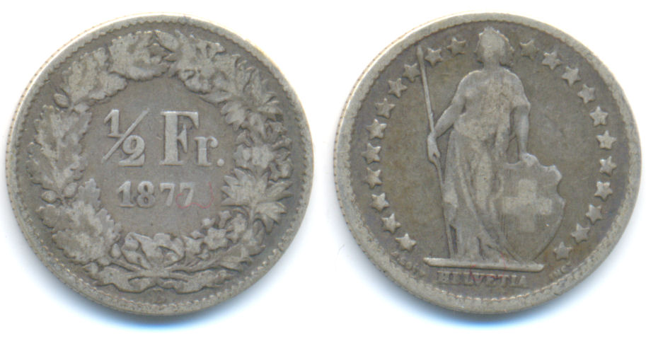 Schweiz: Eidgenossenschaft. 1/2 Franken 1877 B Selten! knapp ss | MA-Shops