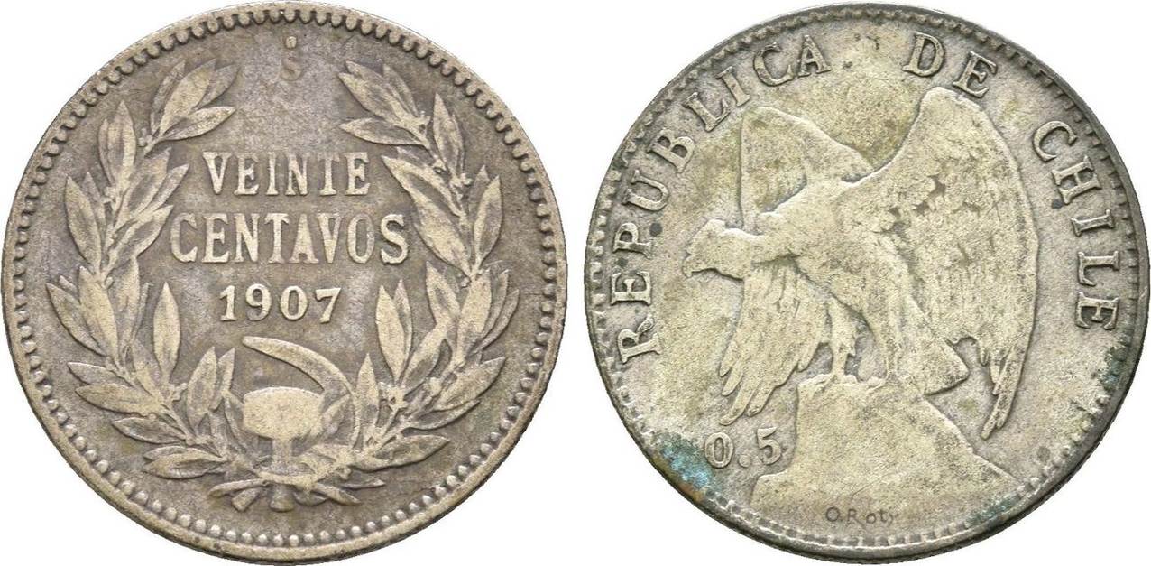 Chile: 20 Centavos 1907 ss | MA-Shops