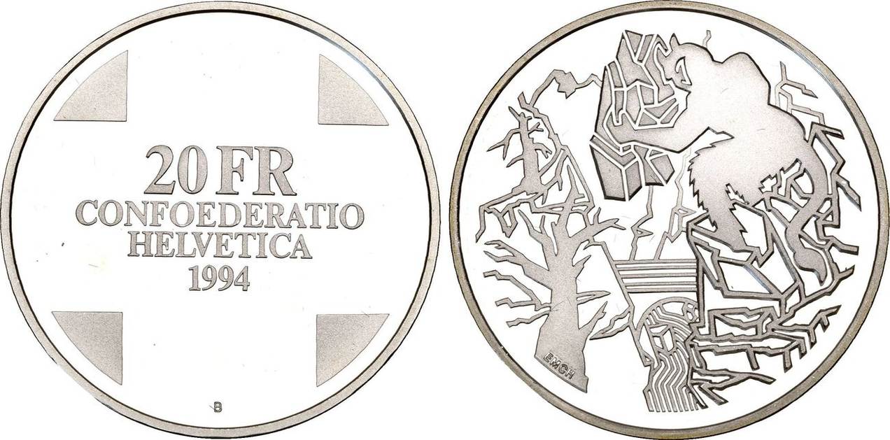 Schweiz: 20 Franken Teufelsbrücke 1994 PP in Original Kapsel | MA-Shops