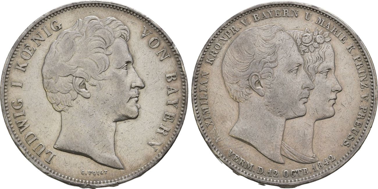 Bayern: Geschichtsdoppeltaler auf die Vermählung 1842 Ludwig I, 1825-1848: ss kleiner Randfehler ...