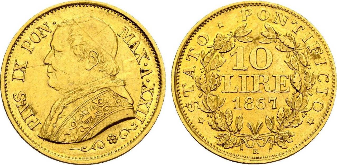 Vatikan: 10 Lire Rom 1867 R Pius IX, 1846-1878: ss-vz, kleiner Kratzer | MA-Shops