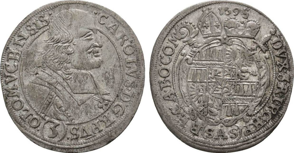 Olmütz Bistum 3 Kreuzer 1695 Karl II. v. Lichtenstein 1664-1695 ss+ | MA-Shops