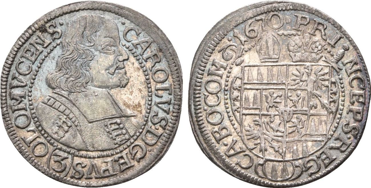 Olmütz Bistum 3 Kreuzer 1670 Karl von Lichtenstein 1664-1695 vz-st Patina | MA-Shops