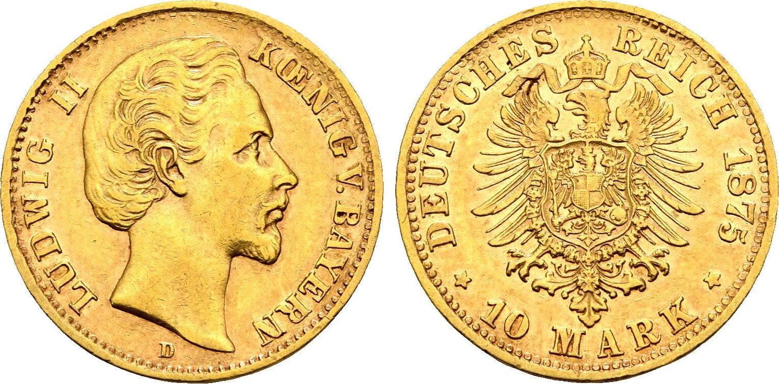 Bayern: 10 Mark GOLD 1875 G Ludwig II, 1864-1886: ss-vz | MA-Shops