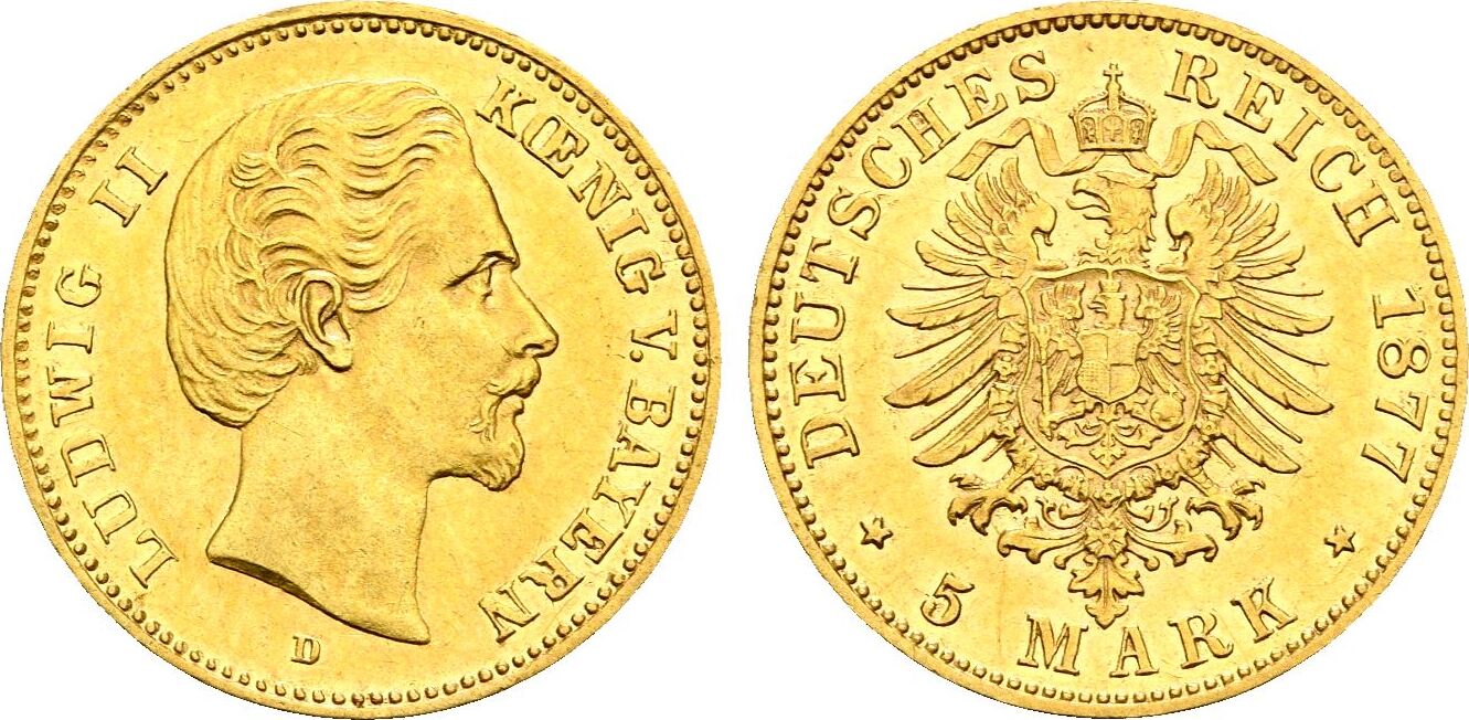 Kaiserreich Bayern: 5 Mark GOLD 1877 D Ludwig II, 1864-1886: vz-st | MA ...
