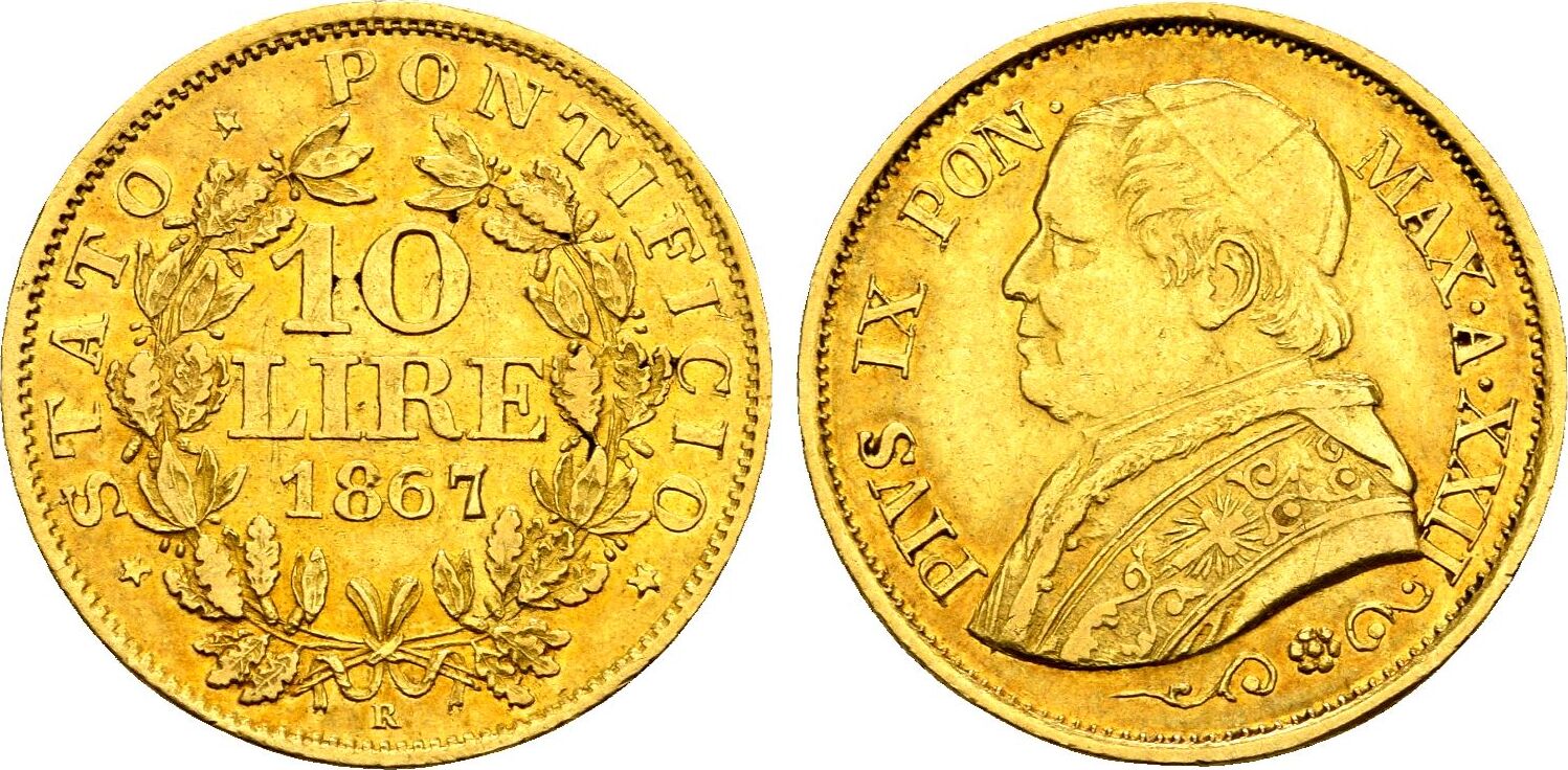 Vatikan: 10 Lire Rom 1867 R Pius IX, 1846-1878: ss-vz | MA-Shops