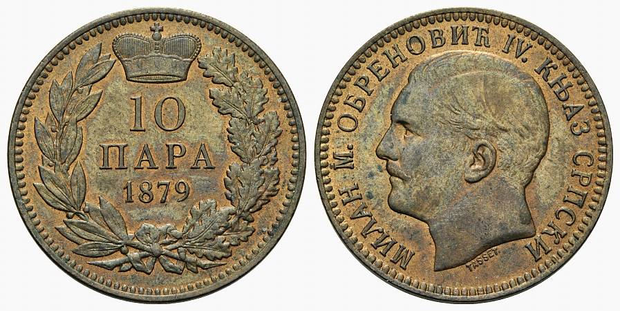 Serbien: Milan IV./I. Obrenowitsch, 1868-1889. 10 Para 1879. Feine ...