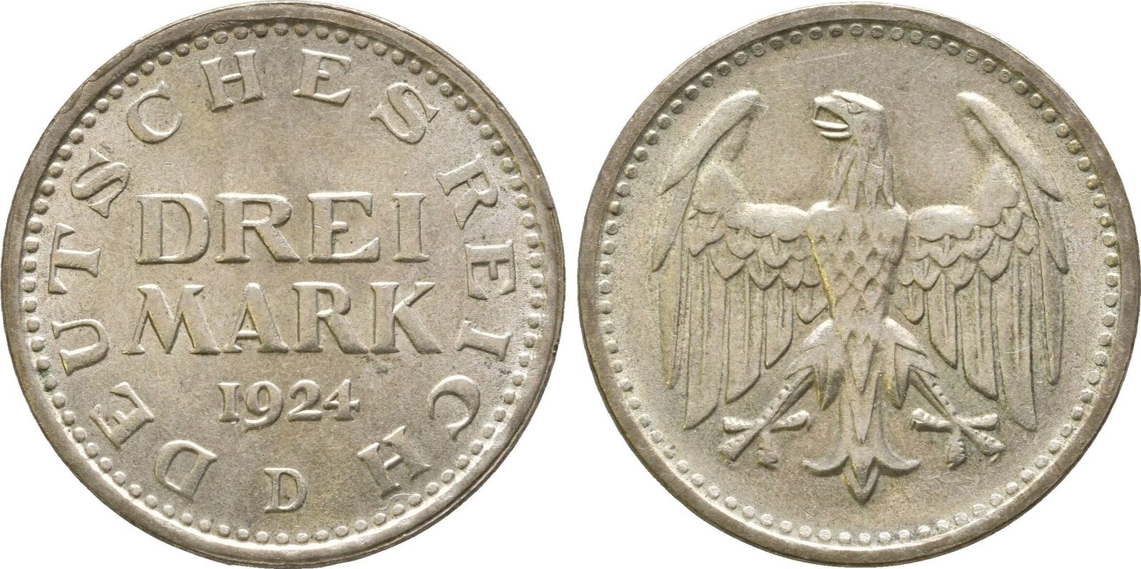 Weimarer Republik: 3 Reichsmark 1924 D vz / ss+ | MA-Shops