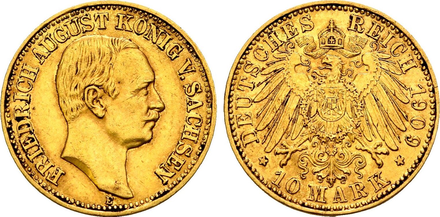 Kaiserreich: Sachsen: 10 Mark GOLD 1909 E Friedrich August III, 1904 ...