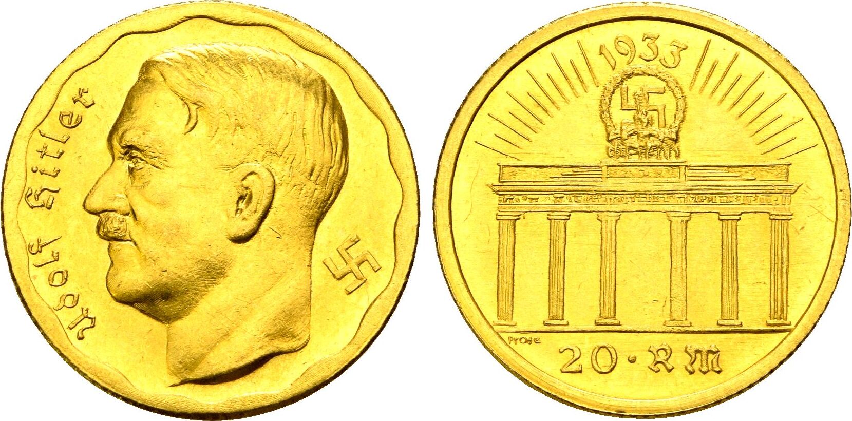 Drittes Reich: 20 Reichsmark Probe in Gold Adolf Hitler 1933 vz-st | MA ...