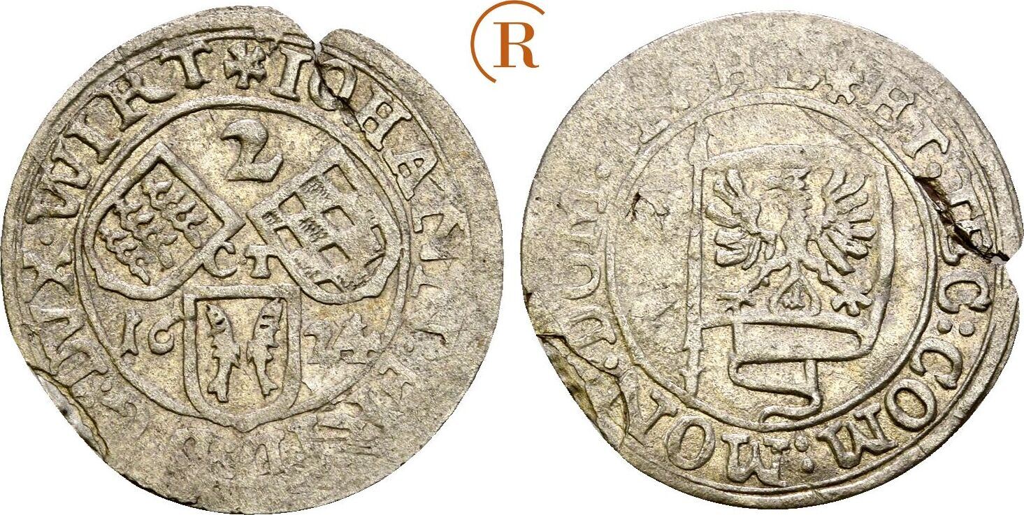 Württemberg: 2 Kreuzer Christophstal 1624 CT Johann Friedrich, 1608 ...