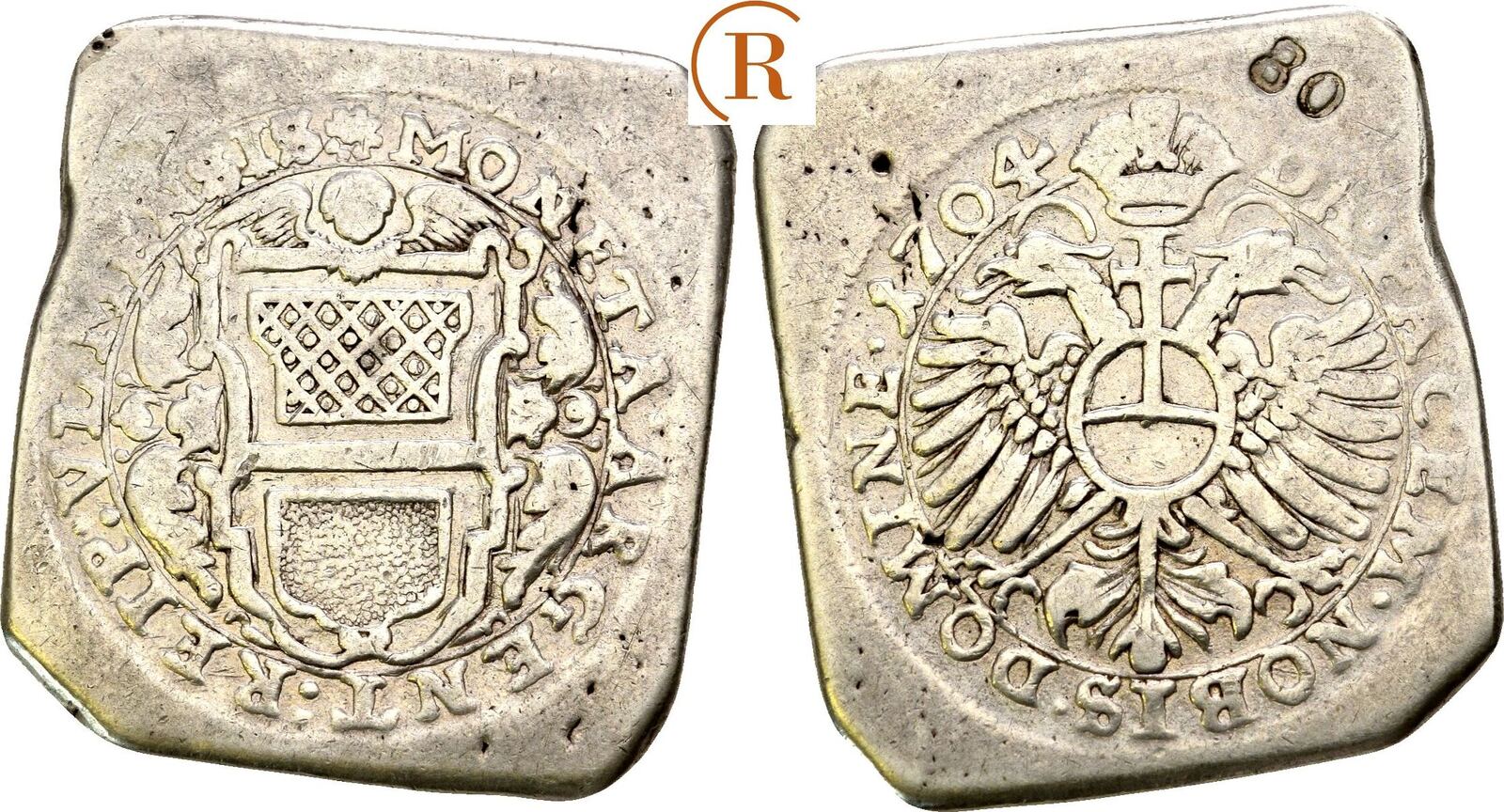 Ulm Stadt: Klippe zu 1 Gulden während der Belagerung 1704 ss Stempel 80 ...