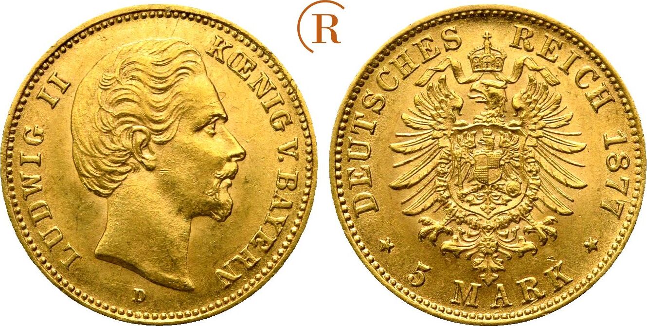 Kaiserreich: Bayern: 5 Mark GOLD 1877 D Ludwig II, 1864-1886: vz-st / f ...