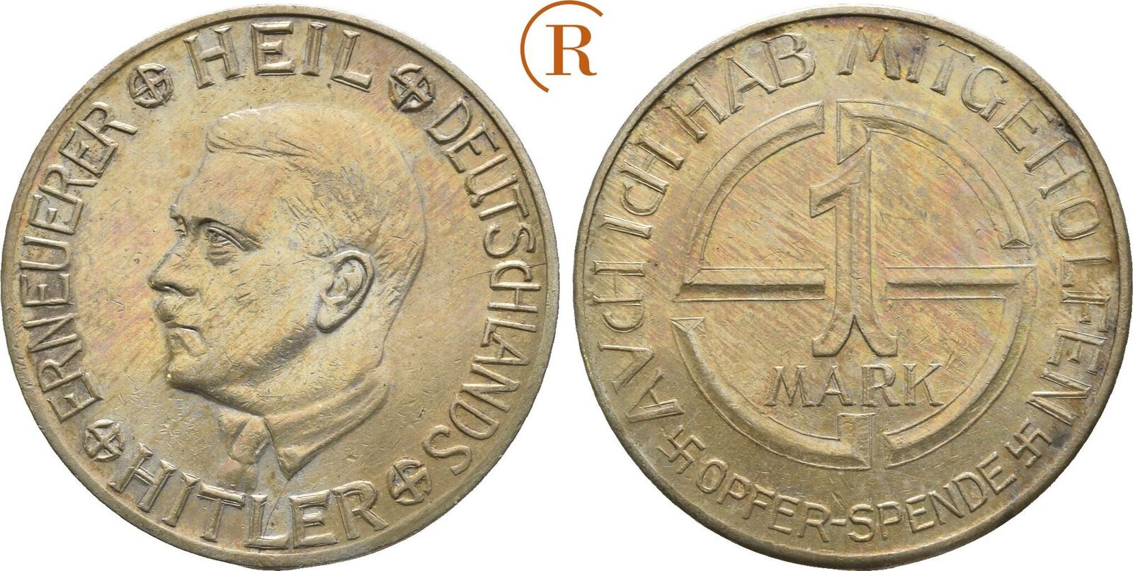 Drittes Reich: 1 Mark Bildnis Adolf Hitlers Opfer Spende o.J. ss | MA-Shops