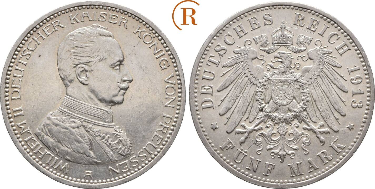 Kaiserreich: Preussen: 5 Mark 1913 A Wilhelm II, 1888-1918: vz / vz-st | MA-Shops