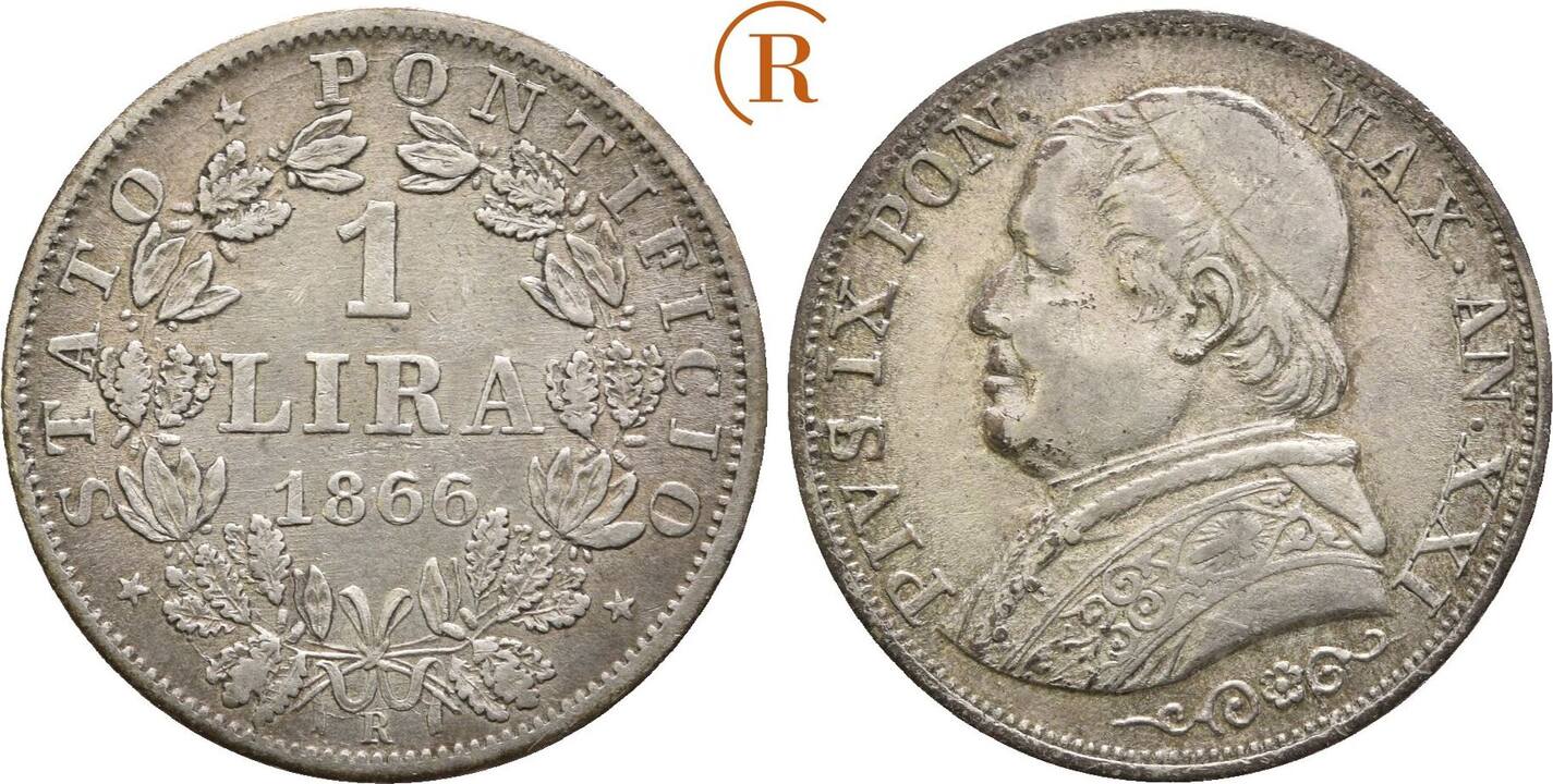 Vatikan: 1 Lira Rom 1866 R Pius IX, 1846-1878: ss+ | MA-Shops