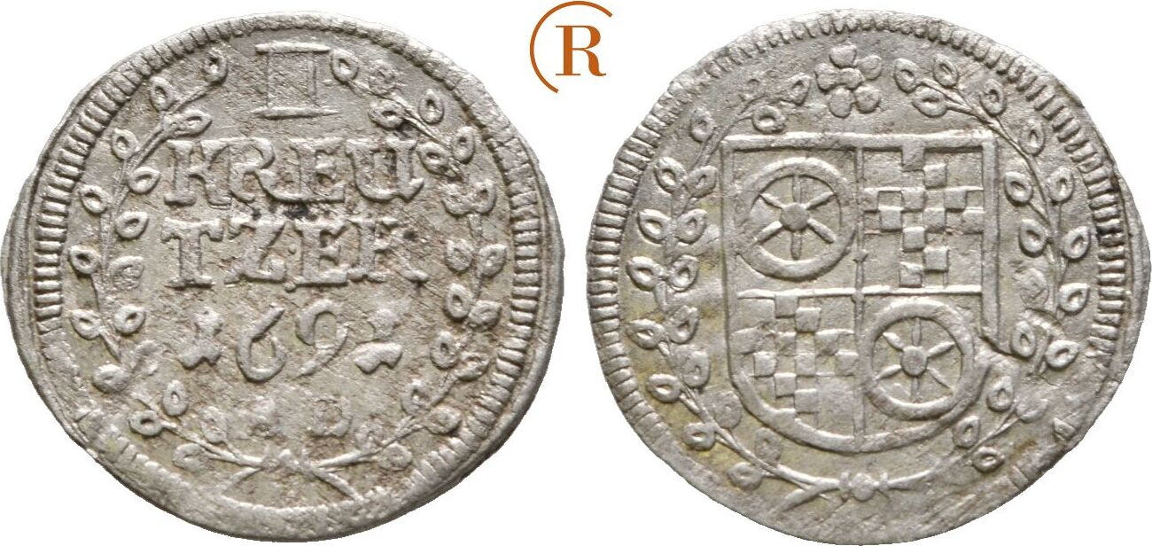 Mainz Erzbistum: 1 Kreuzer 1691 AD Anselm Franz von Ingelheim, 1679 ...