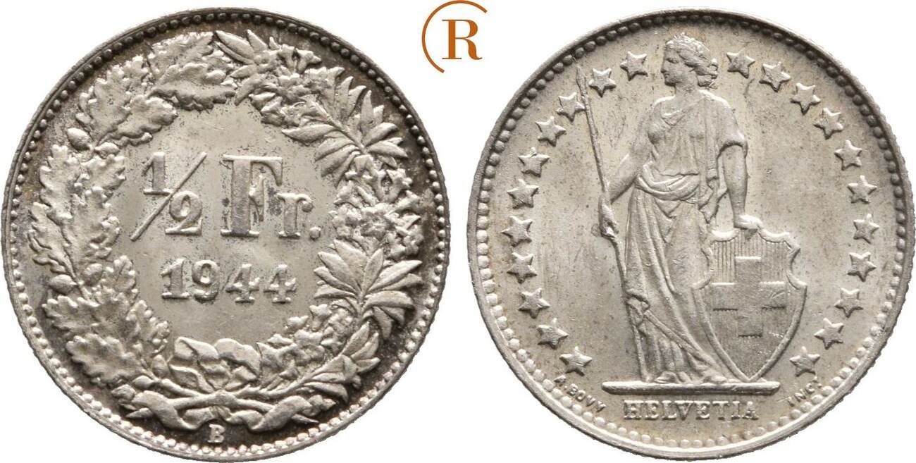 Schweiz: 1/2 Franken 1944 fast Stempelglanz | MA-Shops