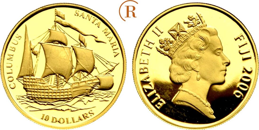 Fidschi Inseln: 10 Dollar 1,24 Gramm Feingold Santa Maria 2006 PP | MA ...
