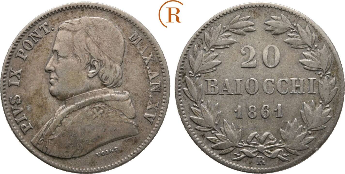 Vatikan: 20 Baiocchi Rom 1861 R Pius IX, 1846-1878: ss | MA-Shops