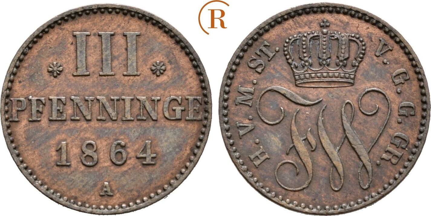 Mecklenburg Strelitz: 3 Pfennig 1864 Friedrich Wilhelm, 1860-1904: ss ...