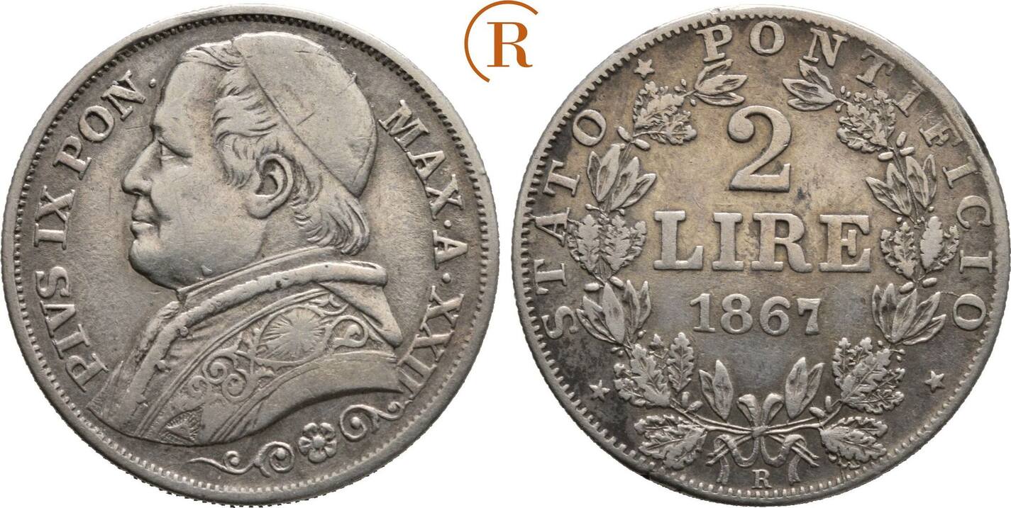 Vatikan: 2 Lire Rom 1867 R Pius IX, 1846-1878: ss | MA-Shops