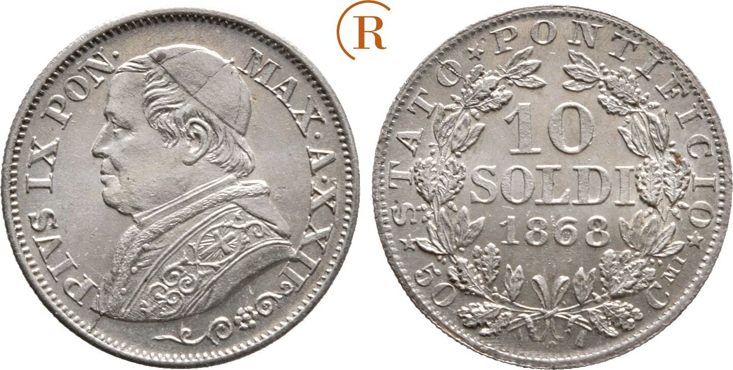 Vatikan: 10 Soldi Rom 1868 R Pius IX, 1846-1878: vz-st | MA-Shops